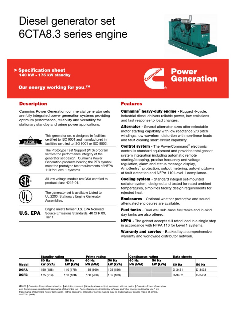Cummins DGFB Spec Sheet | Download Free PDF | Electric Generator ...