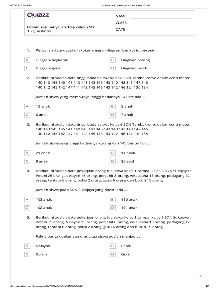 Latihan Soal Penyajian Data Kelas 5 SD | PDF