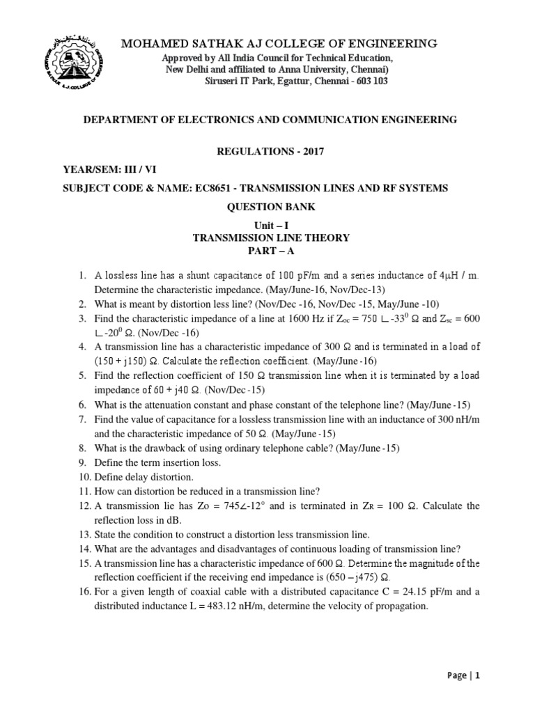 Ec8651 TLRF Msajce QN Bank | PDF | Transmission Line | Waveguide