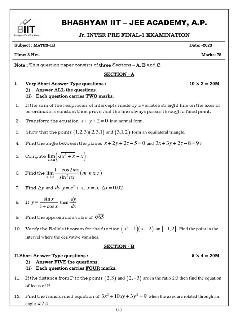 JR Inter Pre Final - 1 Maths 1b QP Saibaba Sir | PDF | Geometry | Elementary Geometry