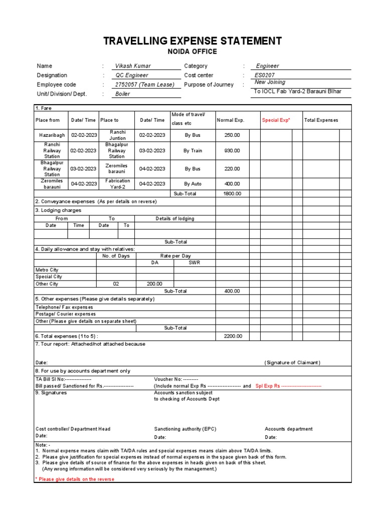 Domestic Travelling Expense Statement (1) TP | PDF | Economies ...