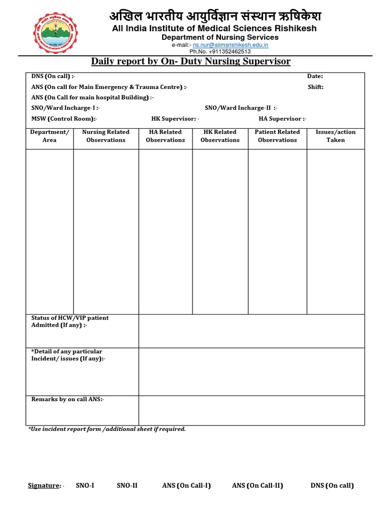 Nursing Supervisor Report | PDF