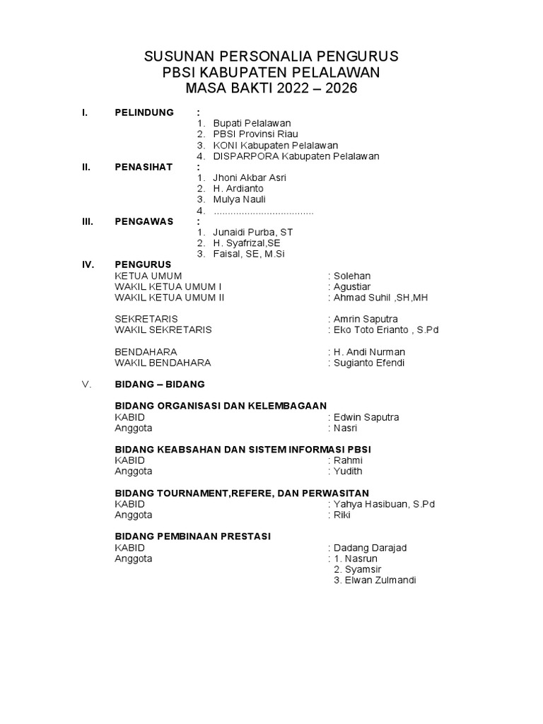 Susunan Personalia Pengurus Pbsi | PDF