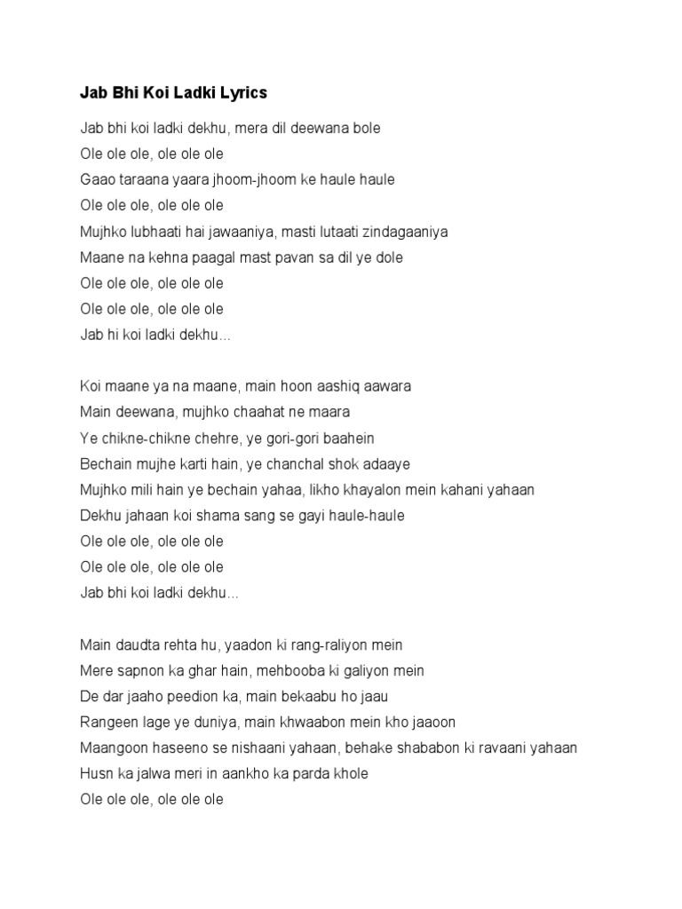 Jab Bhi Koi Ladki Lyrics | PDF
