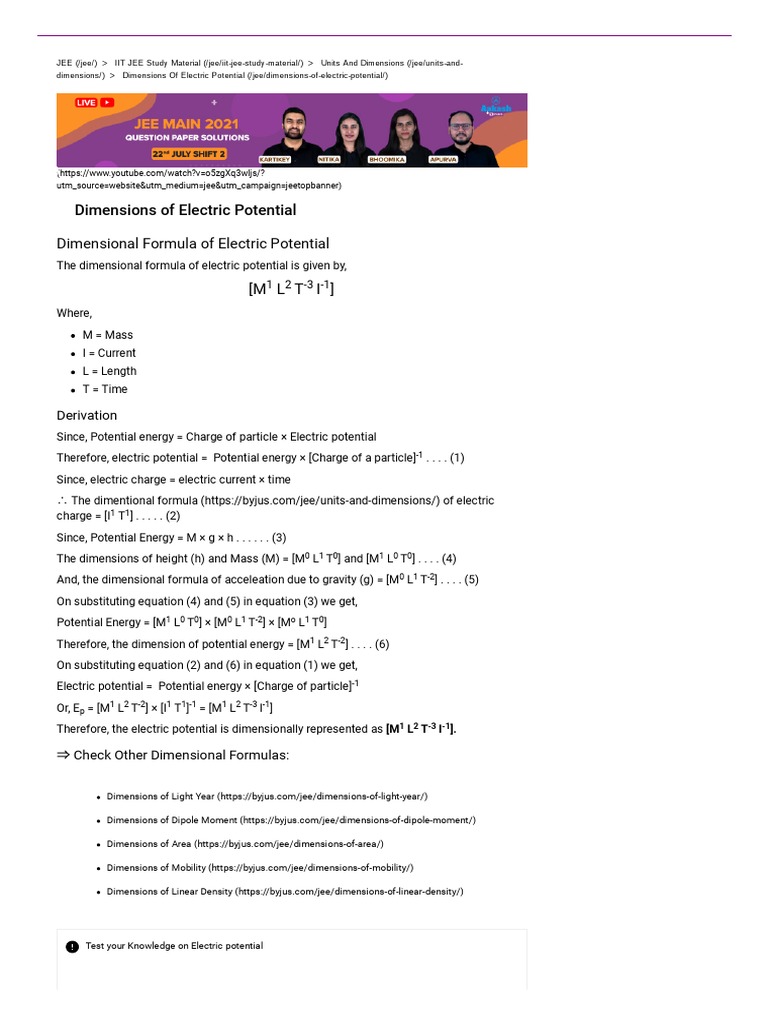 Dimensional Formula of Electric Potential and Its Derivation | Download ...
