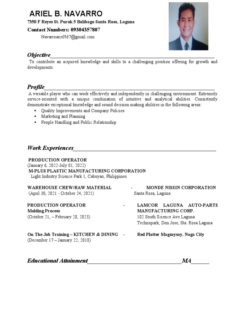 Ariel Navarro Resume: Production & Warehouse Skills | PDF