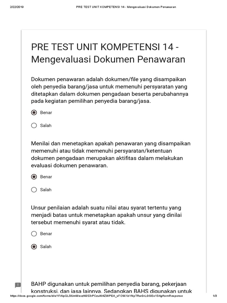 PRE TEST UNIT KOMPETENSI 14 - Mengevaluasi Dokumen Penawaran | PDF