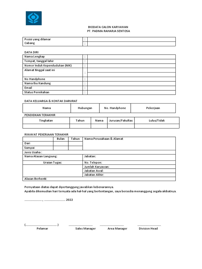 BIODATA CALON KARYAWAN PT. PADMA RAHARJA SENTOSA | PDF