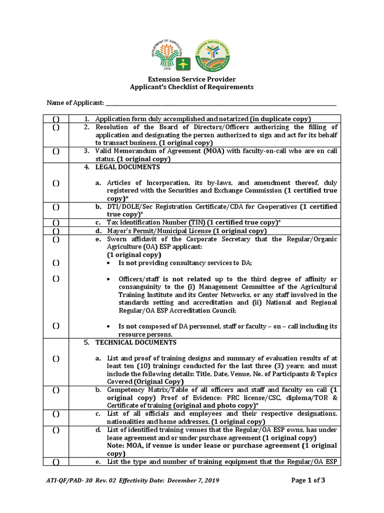30 ESP Applicant - S Checklist of Requirements Rev. 02 Effectivity Date ...