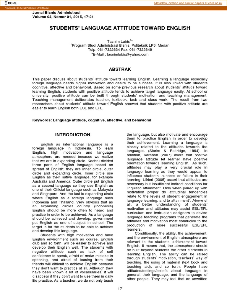 Students' Language Attitude Toward English: Abstrak | PDF | Attitude (Psychology) | English As A ...