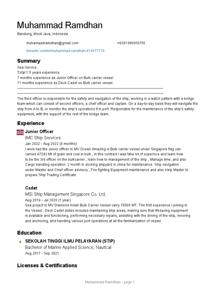 Curriculum Vitae and Sea Service Record of Muhammad Ramdhan | PDF ...
