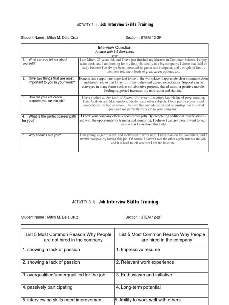 Activity 3 Job Interview Skills Training Pdf Job Interview Internship