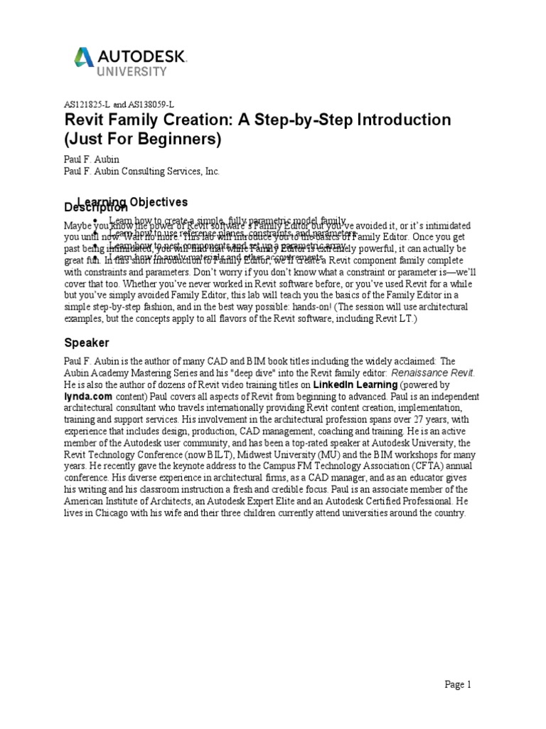 Aubin HAND 2017 AU Families Step-by-Step Intro | PDF | Autodesk Revit ...
