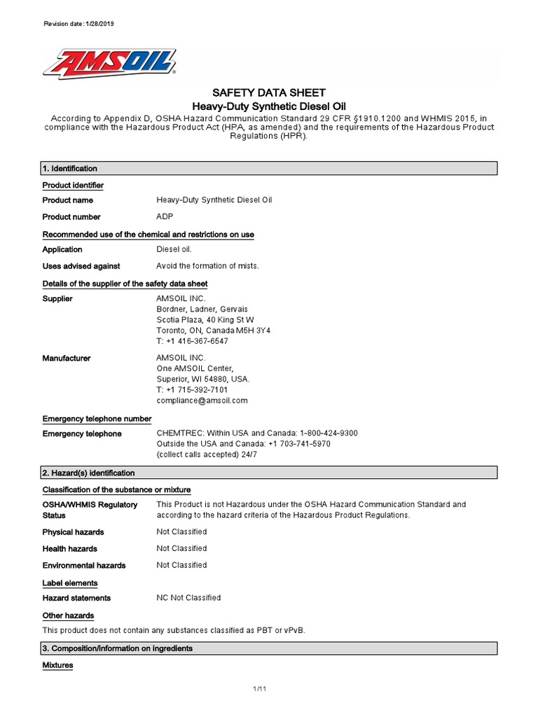 Safety Data Sheet Heavy-Duty Synthetic Diesel Oil: Revision Date: 1/28/2019 | PDF | Firefighting ...