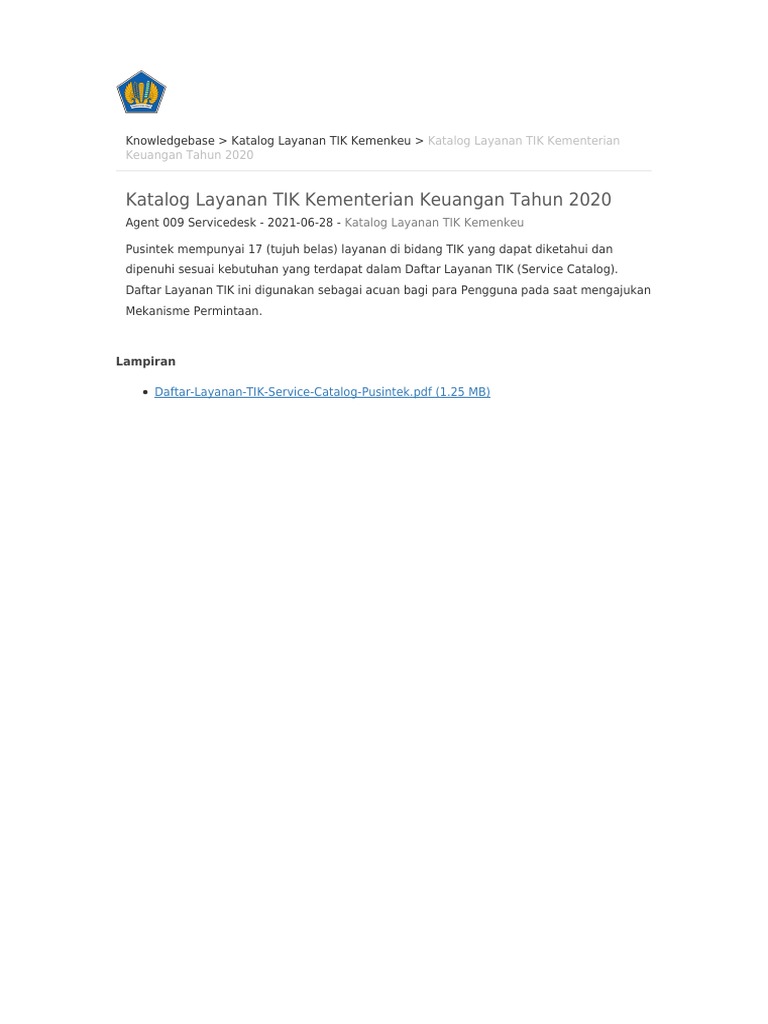 Katalog Layanan TIK Kementerian Keuangan Tahun 2020 | PDF