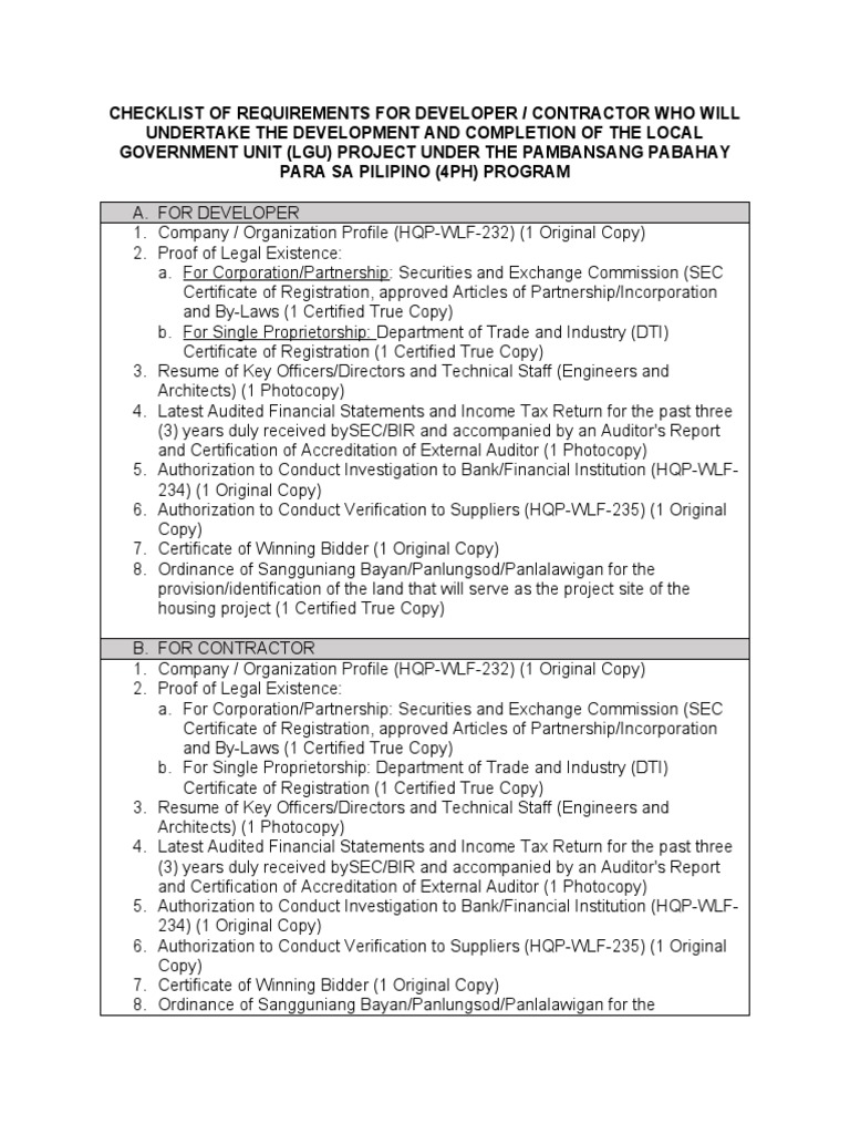Checklist of Requirements For Developer | PDF | Financial Audit | U.S ...