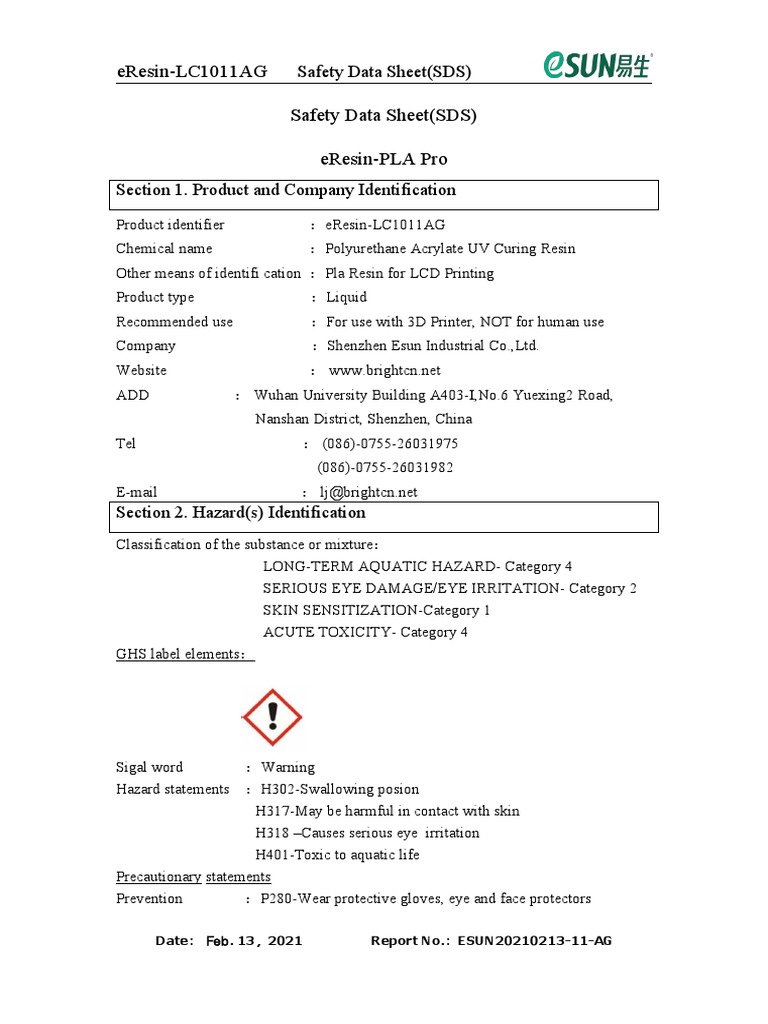 MSDS - eSUN - LCD eResin-PLA | PDF | Dangerous Goods | Personal Protective Equipment