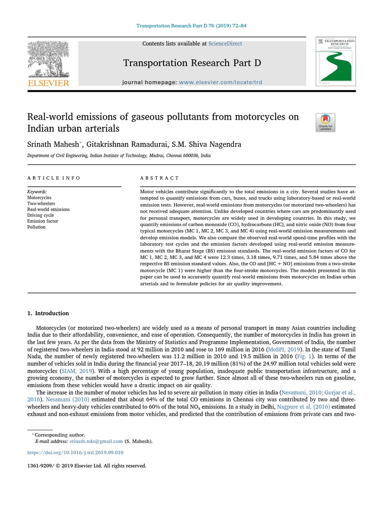 Real-World Emissions of Gaseous Pollutants From Motorcycles On Indian ...