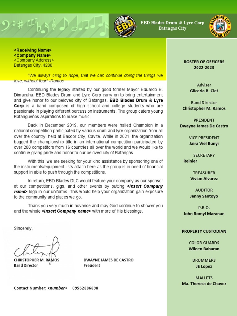 Roster of Officers and Sponsorship Request from EBD Blades Drum & Lyre ...