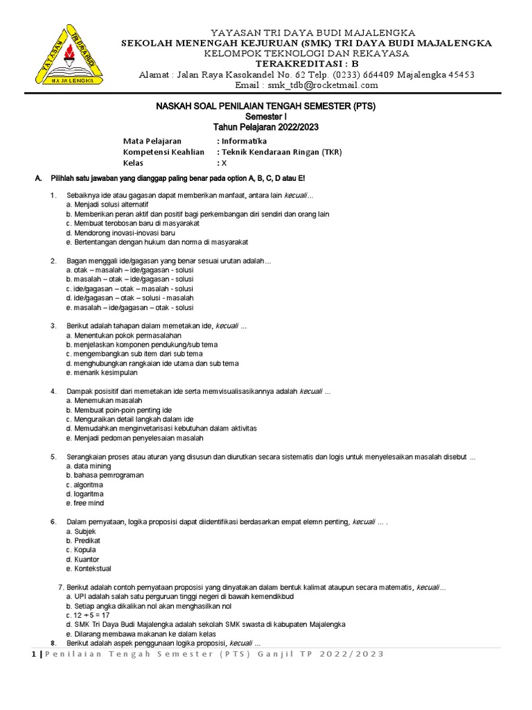 Soal PTS Nformatika Ganjil | PDF