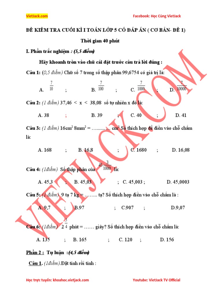 De Kiem Tra Toan 5 Cuoi Ki 1 | PDF