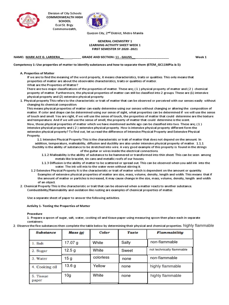 Mark Ace Lardera - (Template) Learning Activity Sheet Grade 12 STEM General Chemistry 1 Week 1 ...