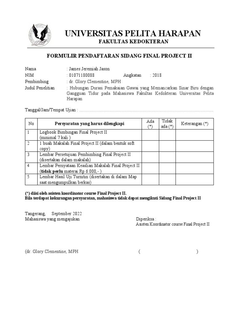 Form Persyaratan Sidang Tugas Akhir FK Uph FP 2 Era Covid | PDF