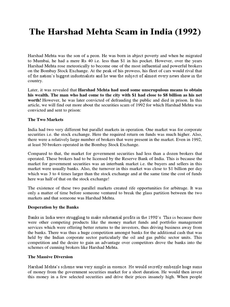 Harshad Mehta Scam: 1992 Stock Market Fraud | PDF | Airlines | Banks