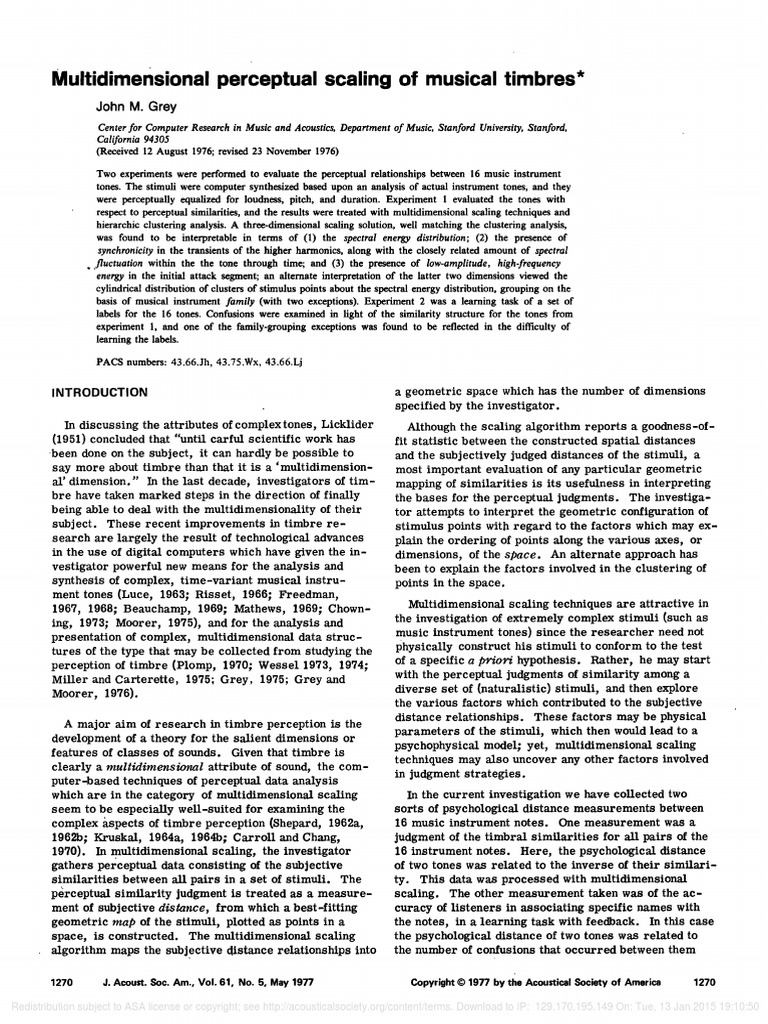Grey (1977) Multidimensional Perceptual Scaling of Musical Timbre | PDF | Pitch (Music) | Sound