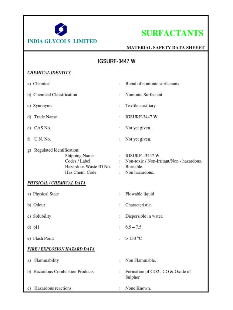 Nonionic Surfactant Material Safety Data Sheet | PDF | Water | Occupational Safety And Health