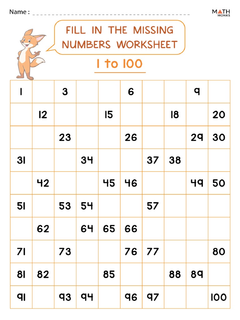 Fill in The Missing Numbers 1 100 Worksheet | PDF