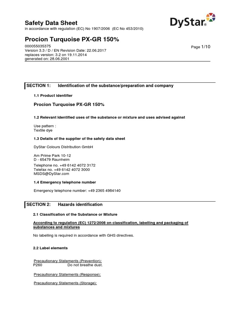Procion Turquoise PX-GR 150% SDS | PDF | Dangerous Goods | Toxicity