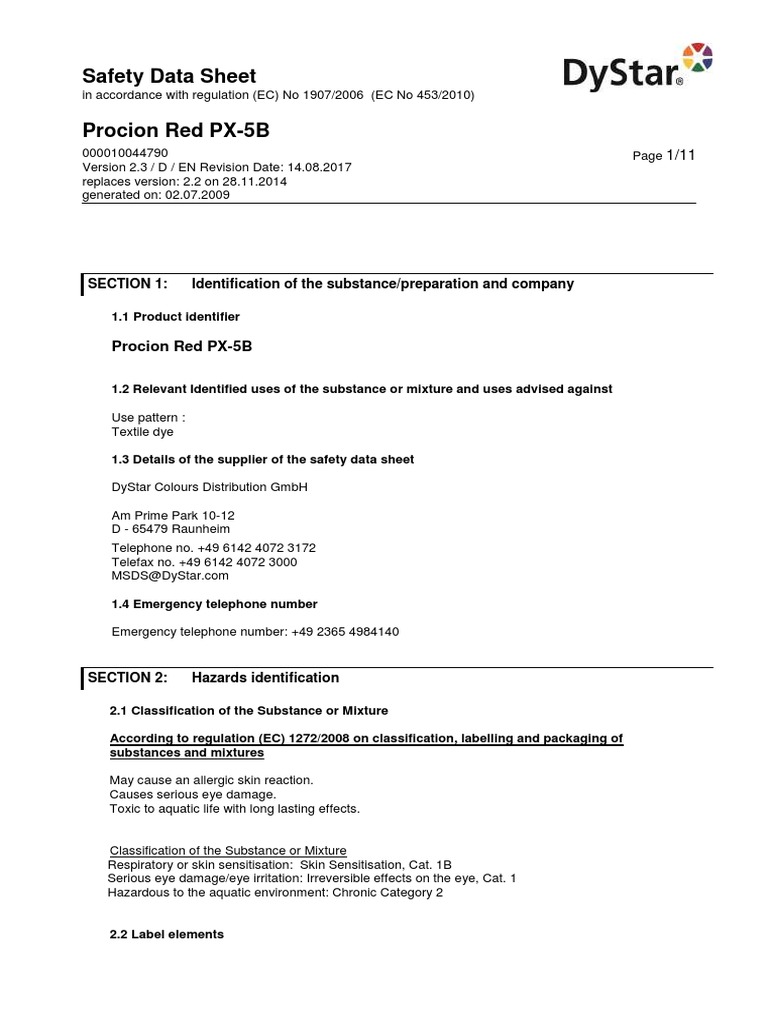 2017 Msds Procion Red Px-5b | PDF | Toxicity | Dangerous Goods