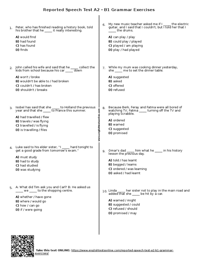 477 - Reported-Speech-Test-A2-B1-Grammar-Exercises - Englishtestsonline ...