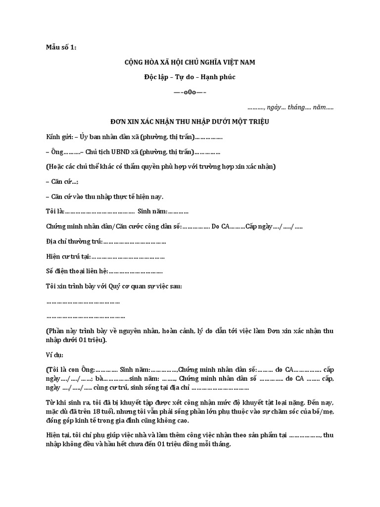Mau Don Xin Xac Nhan Thu Nhap Duoi 1 Trieu Dong Moi Nhat | PDF