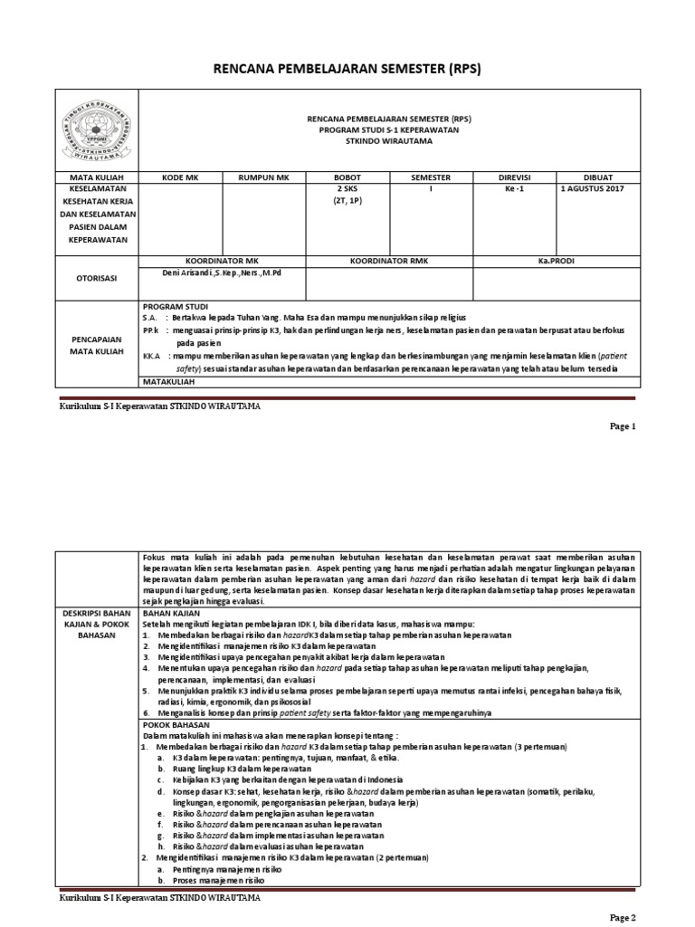 RPS Keselamatan Pasin Dan Kesehatan Kerja Keperawatan (K3) I | PDF | Pengembangan Diri