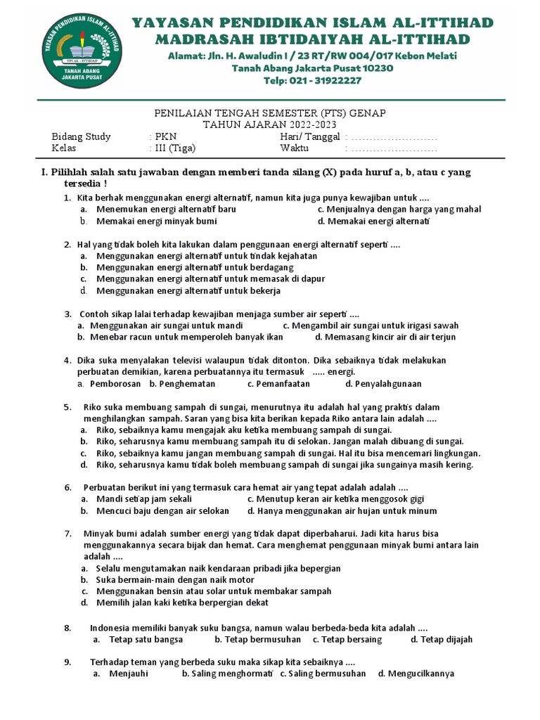 Soal PKN PTS Genap Kelas Iii 2023 | PDF