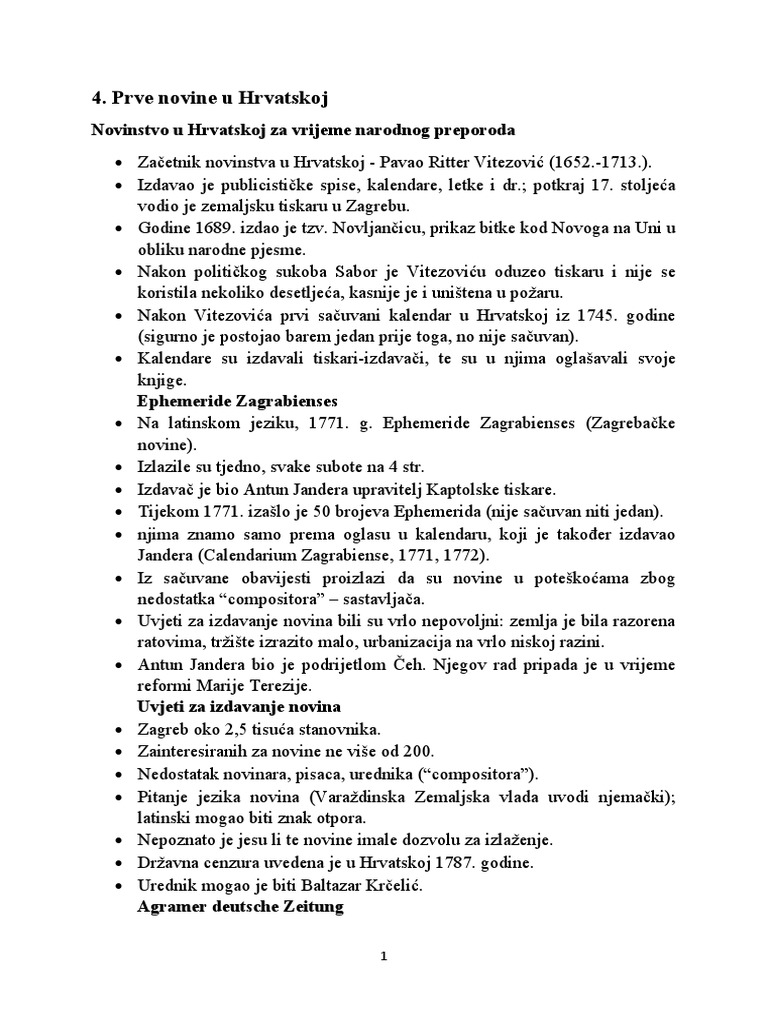 Prve Novine U Hrvatskoj | PDF
