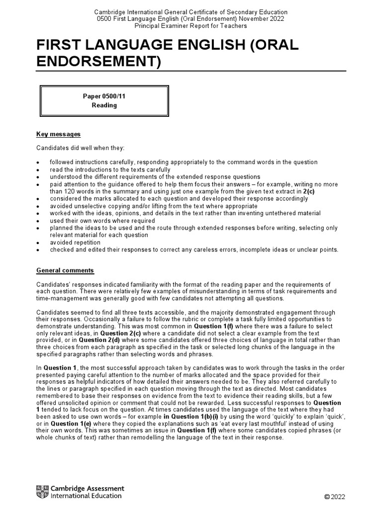 First Language English (Oral Endorsement) : Paper 0500/11 Reading | PDF ...