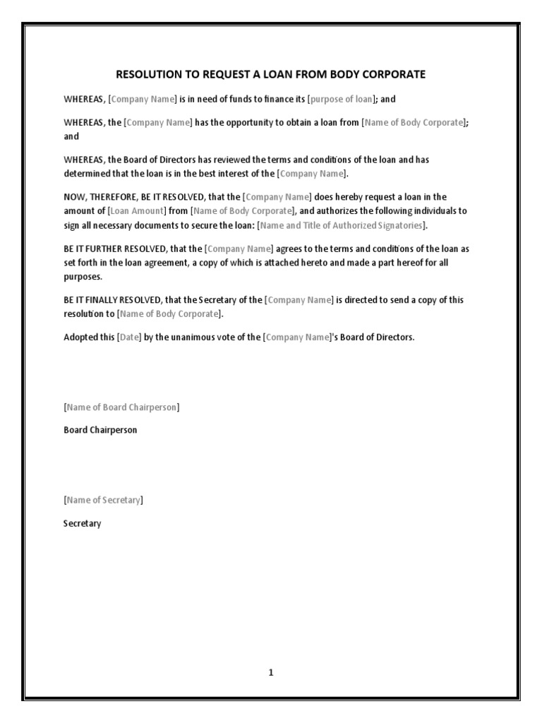 Board Resolution For Loan From Body Corporate | PDF