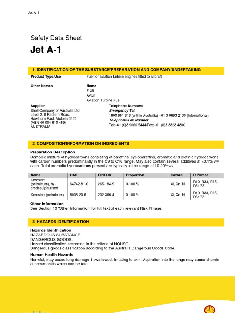 Material Data Safety Sheet Jet A1 Shell | PDF | Dangerous Goods | Firefighting