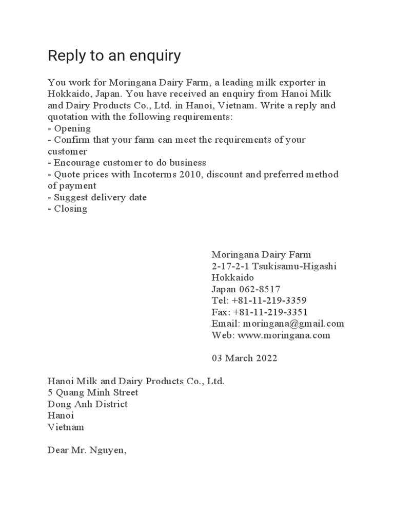 Reply To An Enquiry | PDF | Dairy | Business