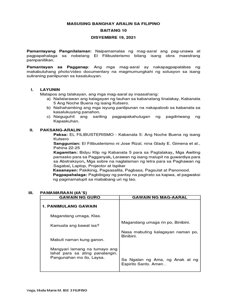 El Filibusterismo - Kabanata 5 (Shela Marie M. Vega Bse 3 Filipino) | PDF