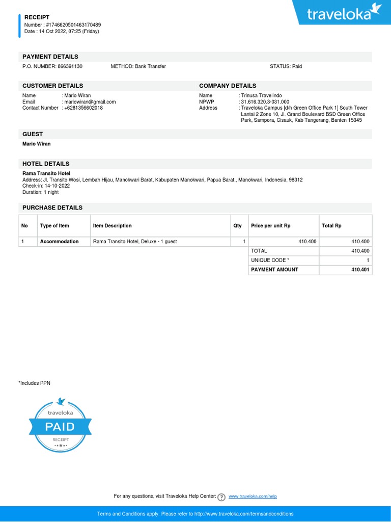 Receipt Details for Mario Wiran's Hotel Stay | PDF