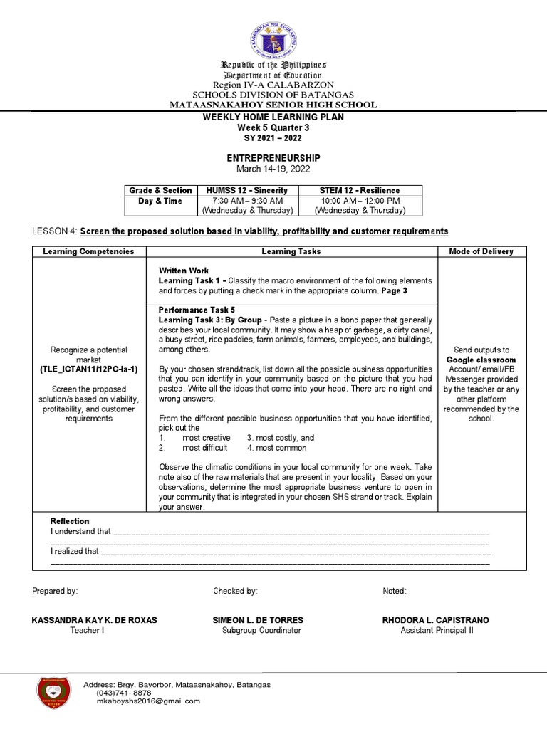 WHLP ENTREP Q3W5 KKDR | PDF | Business | Learning