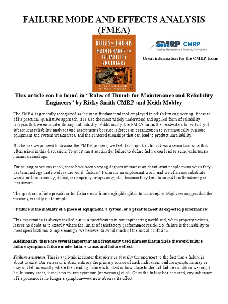 FMEA Guide for CMRP Exam | PDF | Reliability Engineering