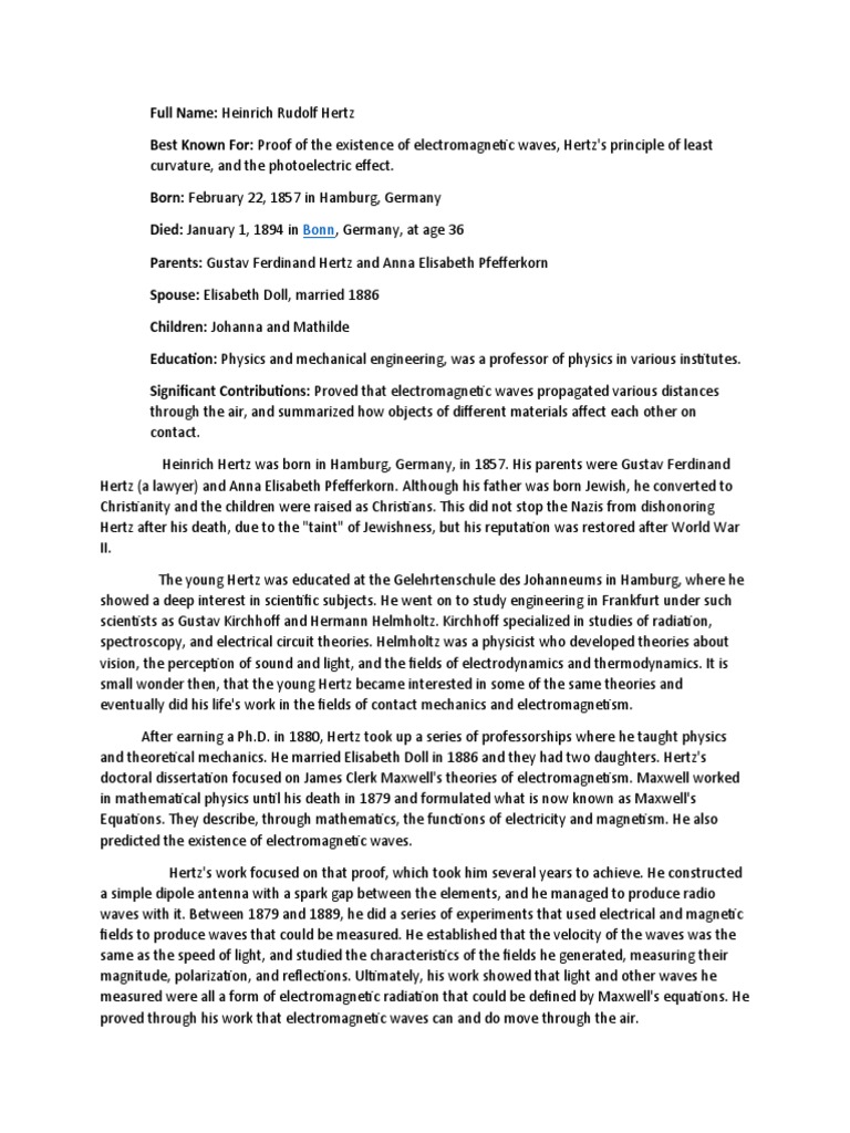 Biography Heinrich Hertz | PDF | Electromagnetic Radiation | Light