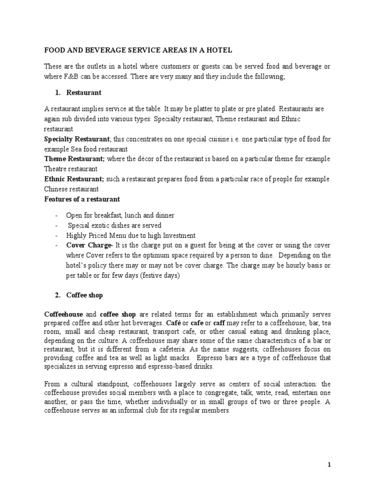 FOOD AND BEVERAGE SERVICE AREAS IN A HOTEL Handout 2 | PDF | Nightclub ...