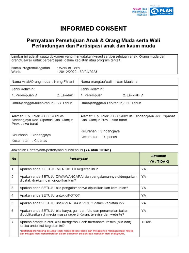 Lembar Persetujuan - Informed Consent Anak & Kaum Muda | PDF