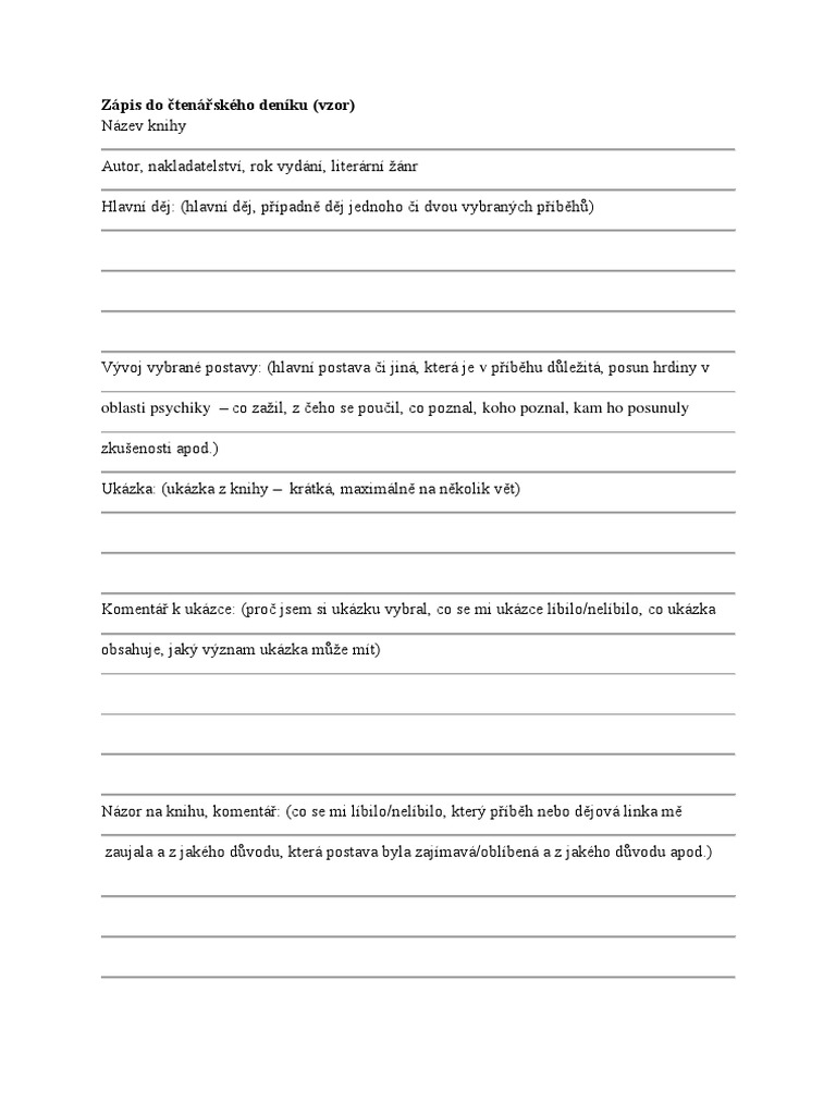 Zápis Do Čtenářského Deníku (Vzor, Tercie, Kvarta) | PDF
